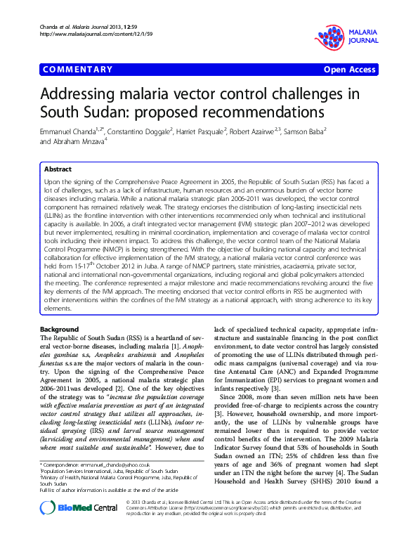 (PDF) Addressing malaria vector control challenges in South Sudan ...
