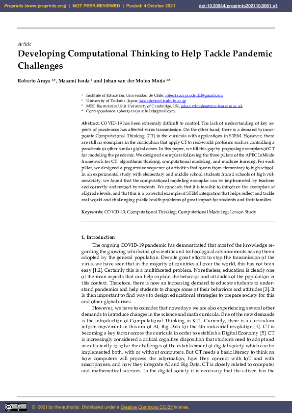 (PDF) Developing Computational Thinking to Help Tackle Pandemic Challenges