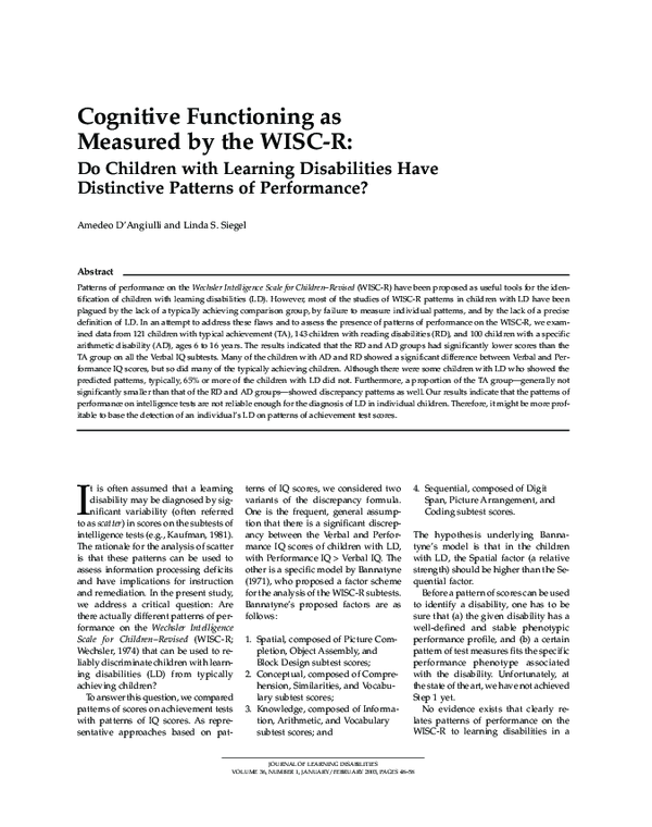 (PDF) Cognitive Functioning as Measured by the WISC-R