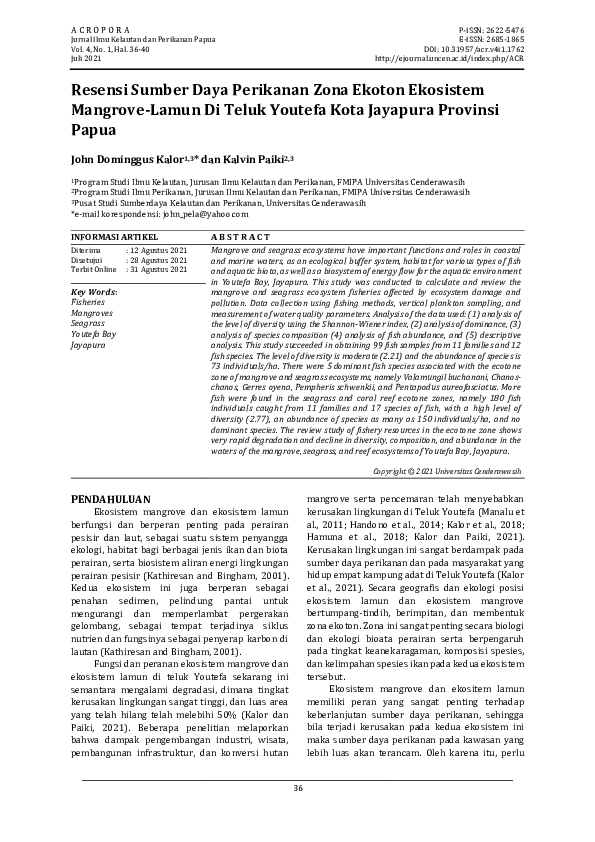 (PDF) Resensi Sumber Daya Perikanan Zona Ekoton Ekosistem Mangrove-Lamun Di Teluk Youtefa Kota ...