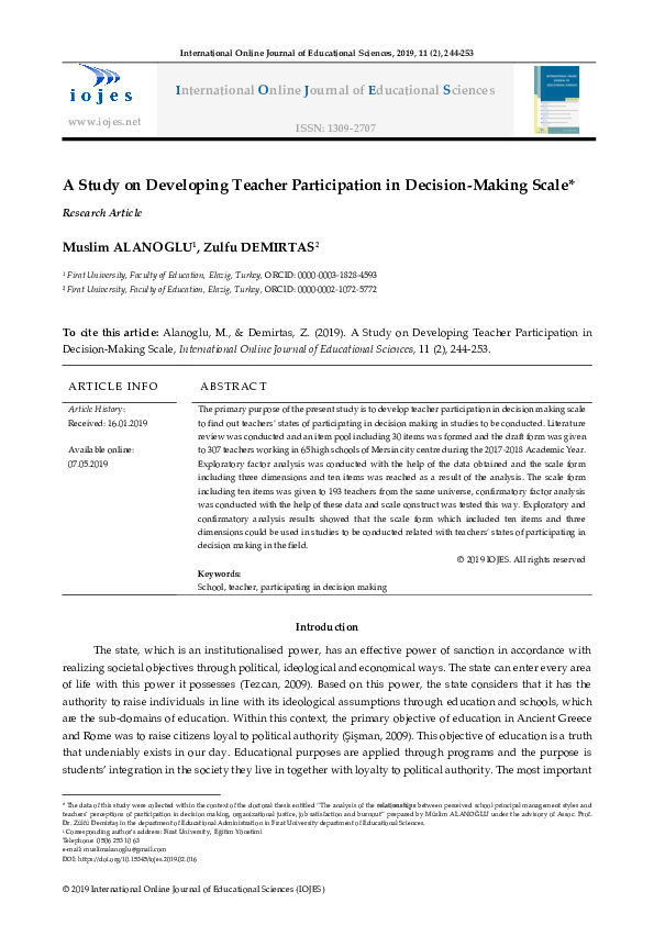 (PDF) A Study on Developing Teacher Participation in Decision-Making Scale*