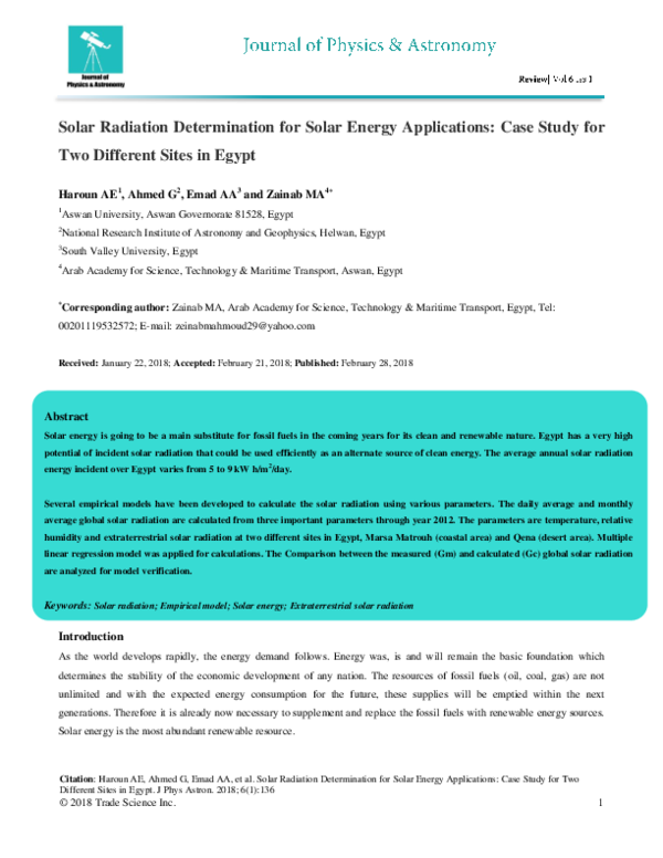 (PDF) Solar Radiation Determination for Solar Energy Applications: Case ...