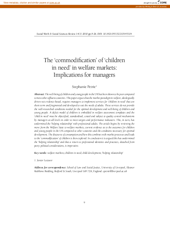(PDF) The ‘commodification’ of ‘children in need’ in welfare markets