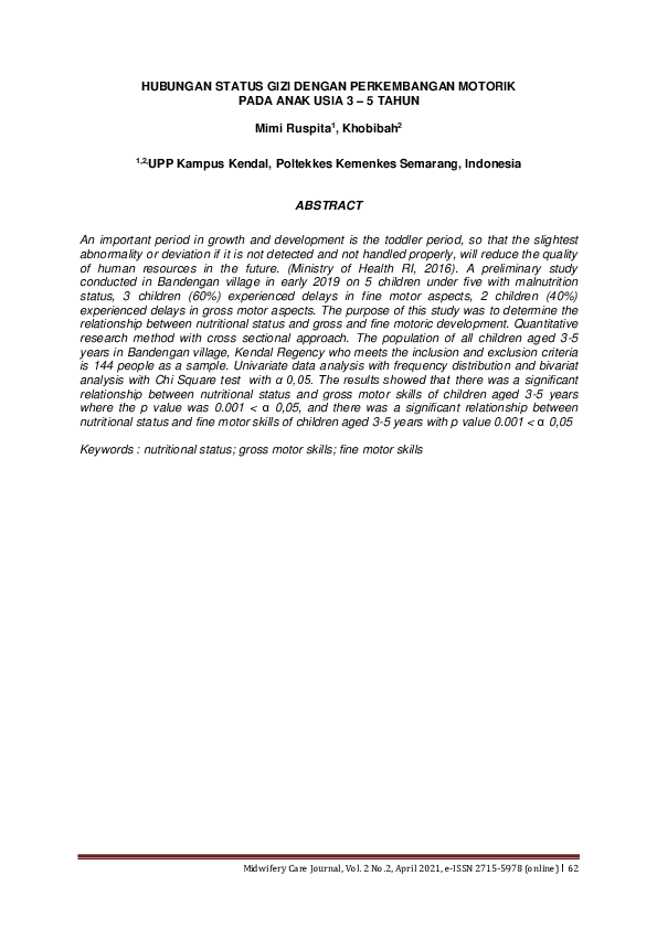 (PDF) Hubungan Status Gizi Dengan Perkembangan Motorik Pada Anak Usia 3 ...