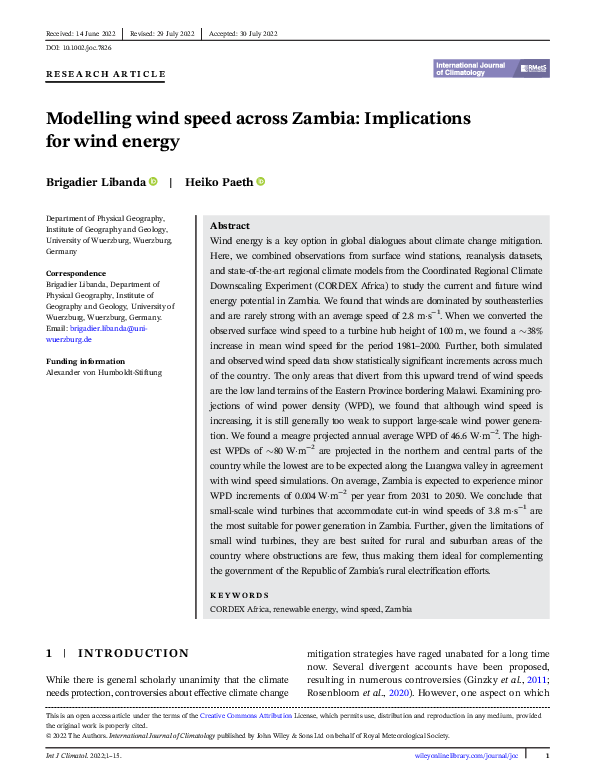 (PDF) Modelling wind speed across Zambia: Implications for wind energy