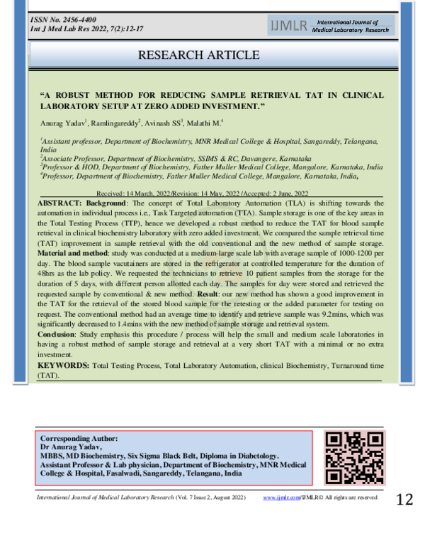 (PDF) "A ROBUST METHOD FOR REDUCING SAMPLE RETRIEVAL TAT IN CLINICAL ...