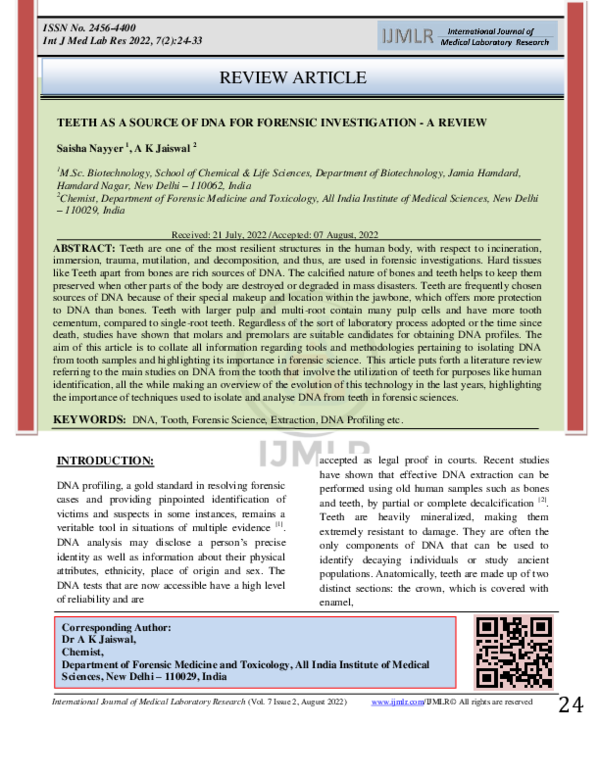 (PDF) TEETH AS A SOURCE OF DNA FOR FORENSIC INVESTIGATION -A REVIEW