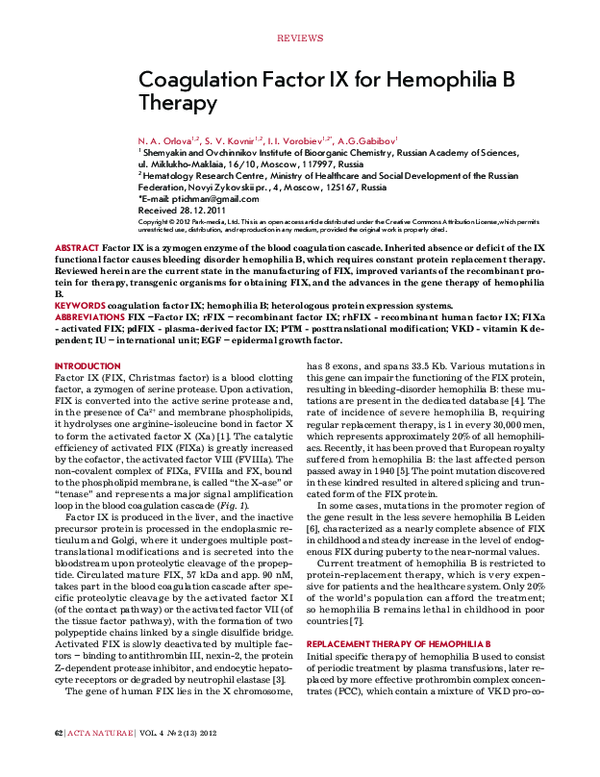 (PDF) Coagulation Factor IX for Hemophilia B Therapy