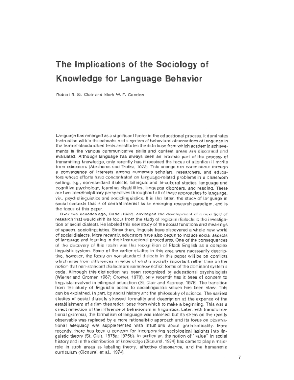 (PDF) The Implications of the Sociology of Knowledge for Language Behavior
