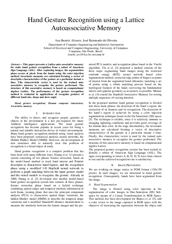 (PDF) Hand Gesture Recognition using a Lattice Autoassociative Memory | José Raimundo de ...