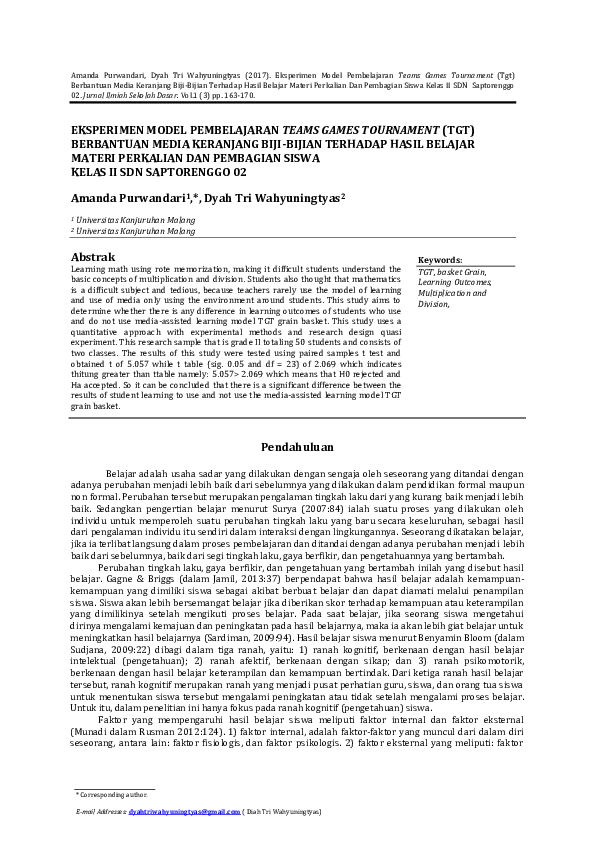 (PDF) Eksperimen Model Pembelajaran Teams Games Tournament (TGT) Berbantuan Media Keranjang Biji ...