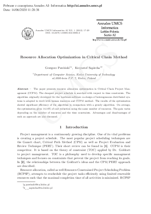 (PDF) Resource Allocation Optimization in Critical Chain Method | Grzegorz Pawiński - Academia.edu