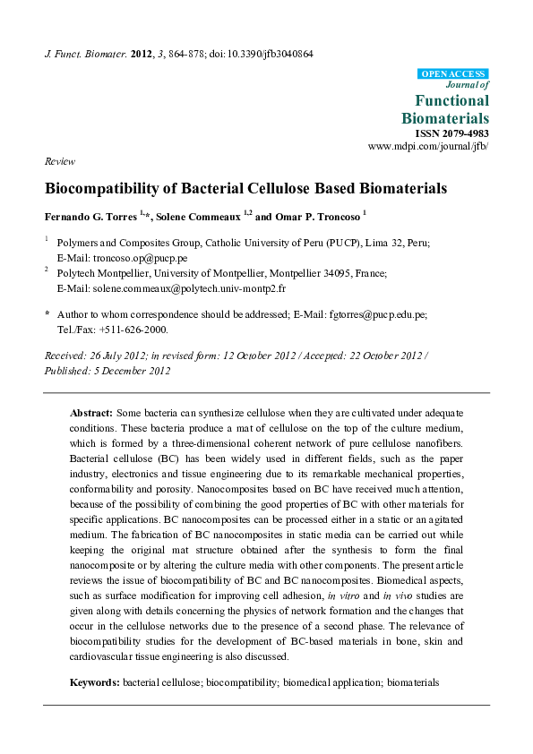 (PDF) Biocompatibility of Bacterial Cellulose Based Biomaterials