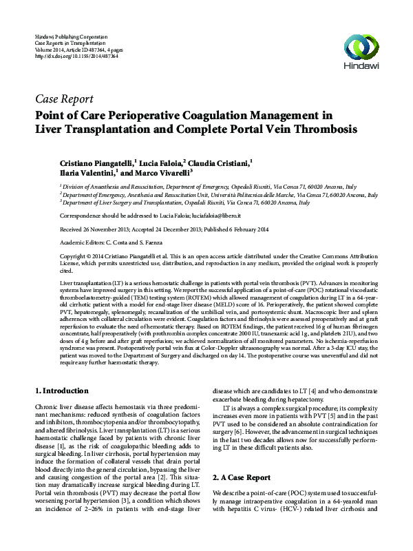(PDF) Point of Care Perioperative Coagulation Management in Liver ...