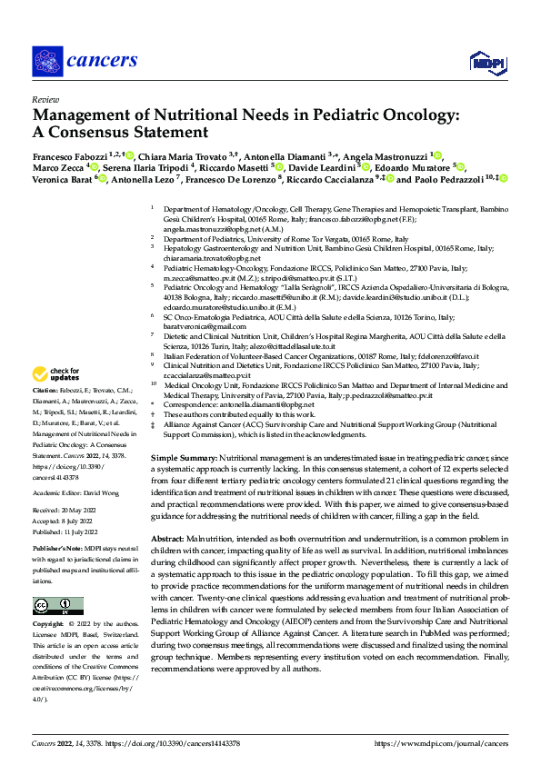 (PDF) Management of Nutritional Needs in Pediatric Oncology: A Consensus Statement