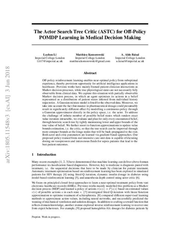 (PDF) The Actor Search Tree Critic (ASTC) for Off-Policy POMDP Learning in Medical Decision ...