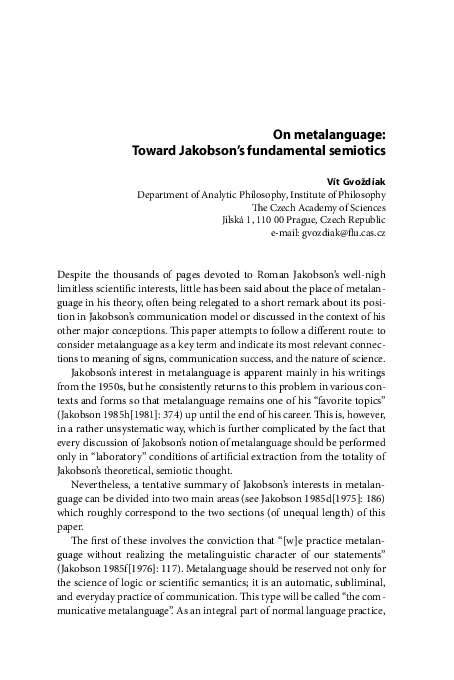 (PDF) On metalanguage: Toward Jakobson's fundamental semiotics