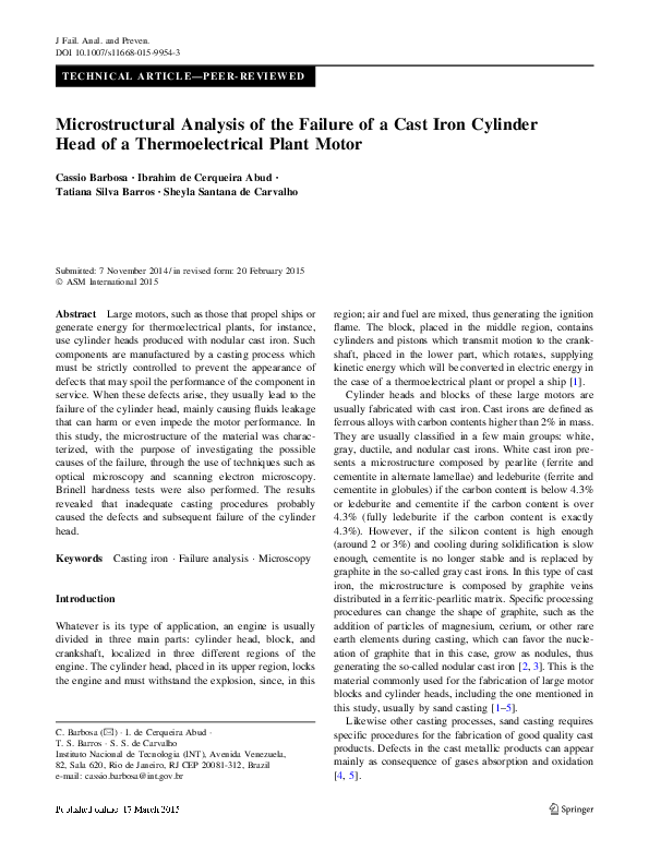 (PDF) Microstructural Analysis of the Failure of a Cast Iron Cylinder Head of a Thermoelectrical ...
