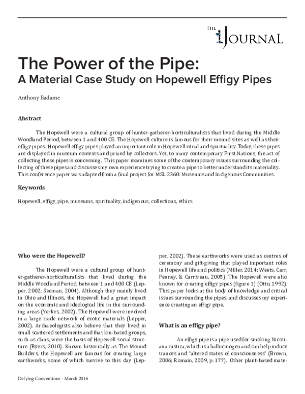 (PDF) The Power of the Pipe: A Material Case Study on Hopewell Effigy Pipes