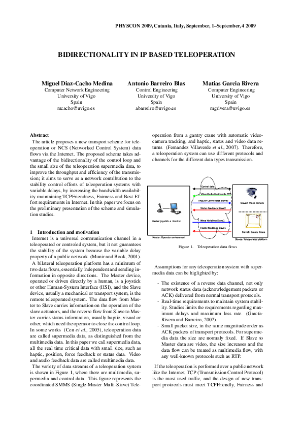(PDF) Bidirectionality in ip based teleoperation