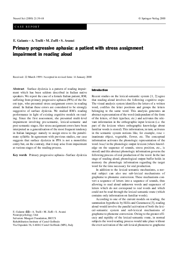 (PDF) Primary progressive aphasia: a patient with stress assignment impairment in reading aloud