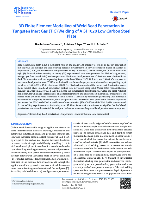 (PDF) 3D Finite Element Modelling of Weld Bead Penetration in Tungsten Inert Gas (TIG) Welding ...