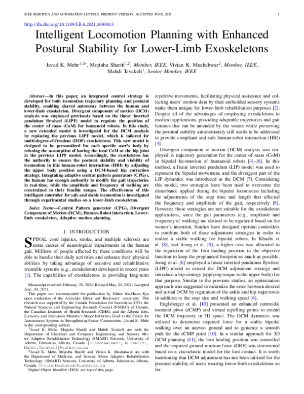 (PDF) Intelligent Locomotion Planning With Enhanced Postural Stability for Lower-Limb Exoskeletons