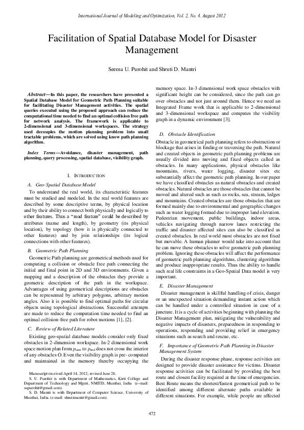 Pdf Facilitation Of Spatial Database Model For Disaster Management