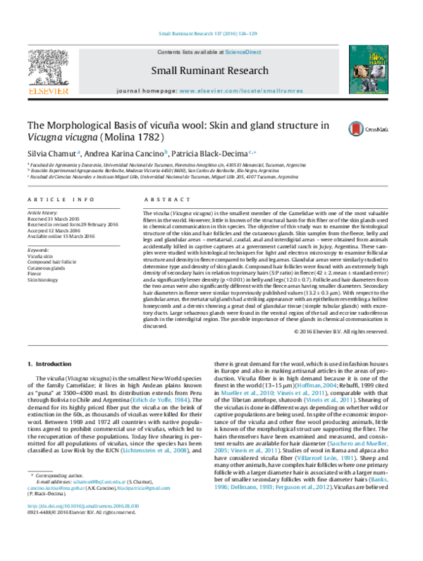 (PDF) The Morphological Basis of vicuña wool: Skin and gland structure ...