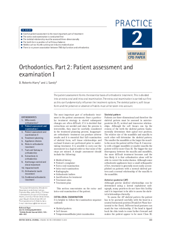 (PDF) Orthodontics. Part 2: Patient assessment and examination I