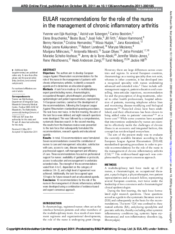 (PDF) EULAR recommendations for the role of the nurse in the management ...