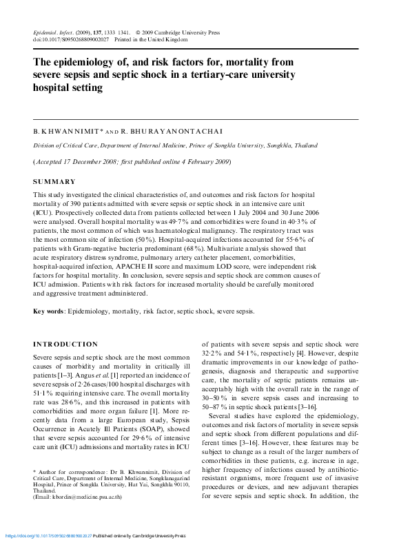 (PDF) The epidemiology of, and risk factors for, mortality from severe ...