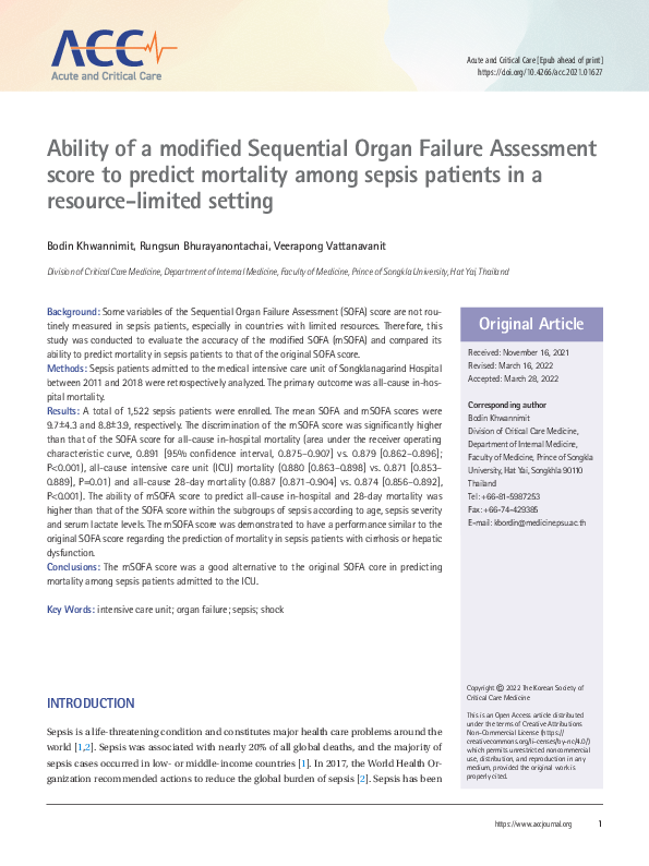 (PDF) Ability of a modified Sequential Organ Failure Assessment score ...