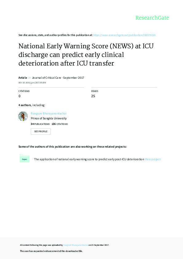 (PDF) National Early Warning Score (NEWS) at ICU discharge can predict ...