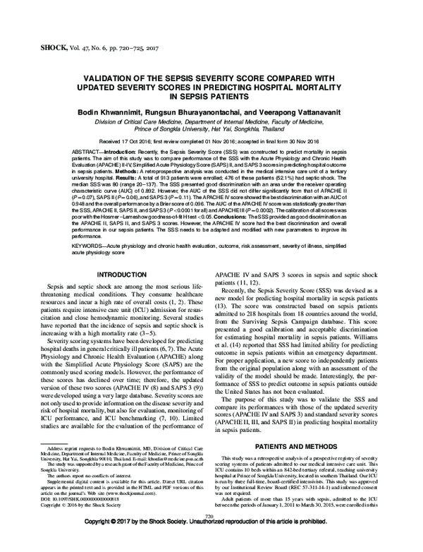 Pdf Validation Of The Sepsis Severity Score Compared With Updated