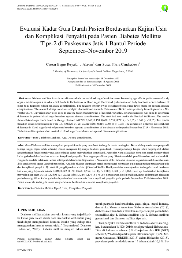 (PDF) Evaluasi Kadar Gula Darah Pasien Berdasarkan Kajian Usia dan Komplikasi Penyakit pada ...