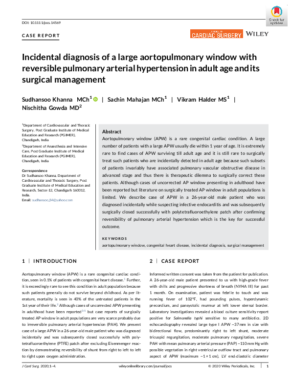 (PDF) Incidental diagnosis of a large aortopulmonary window with ...
