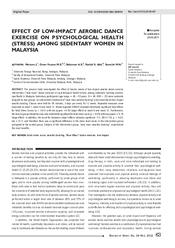 (PDF) Effect of Low-Impact Aerobic Dance Exercise on Psychological Health (Stress) Among ...