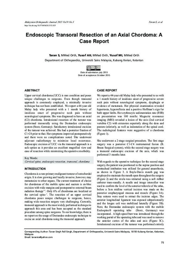 (PDF) Endoscopic Transoral Resection of an Axial Chordoma: A Case Report