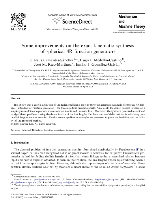 (PDF) Some improvements on the exact kinematic synthesis of spherical 4R function generators ...