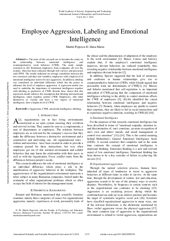 (PDF) Employee Aggression, Labeling And Emotional Intelligence