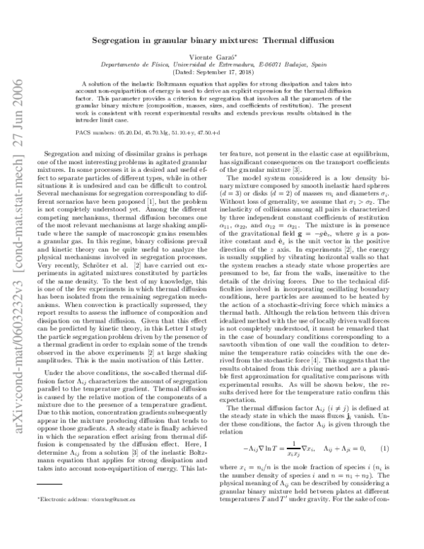 (PDF) Segregation in granular binary mixtures: Thermal diffusion