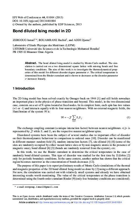 (PDF) Bond diluted Ising model in 2D