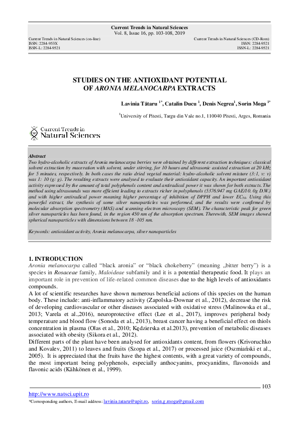 (PDF) Studies on the Antioxidant Potential of Aronia Melanocarpa Extracts