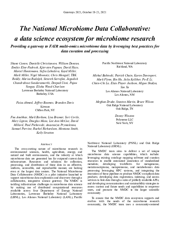 (PDF) The National Microbiome Data Collaborative: a data science ecosystem for microbiome research