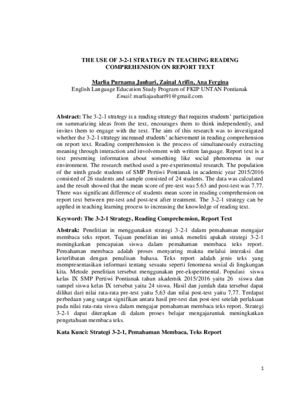 (PDF) The Use of 3-2-1 Strategy in Teaching Reading Comprehension on ...