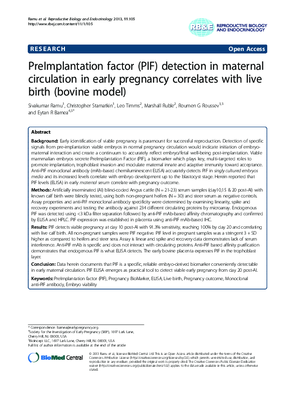 (PDF) Preimplantation factor (*PIF) detection in maternal circulation ...