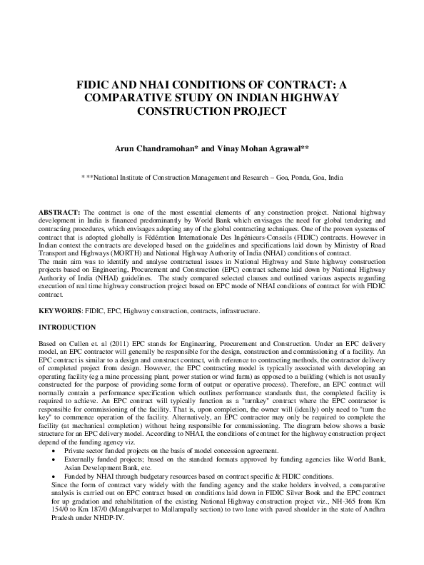 (PDF) Fidic and Nhai Conditions of Contract: A Comparative Study on ...
