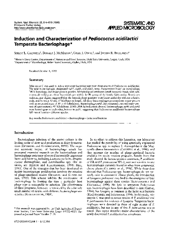 (PDF) Induction and Characterization of Pediococcus acidilactici Temperate Bacteriophage