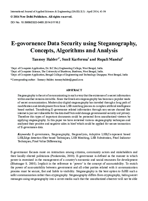 Pdf E Govornence Data Security Using Steganography Concepts Algorithms And Analysis 5102